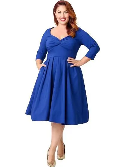 Unique Vintage 1950s Front Twist Swing Dress - Royal Blue