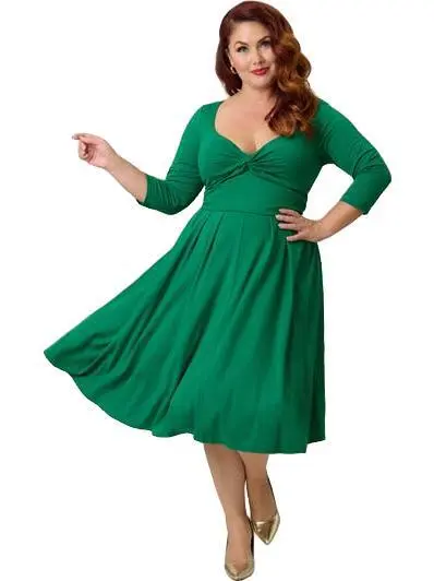 Unique Vintage 1950s Front Twist Swing Dress - Solid Green