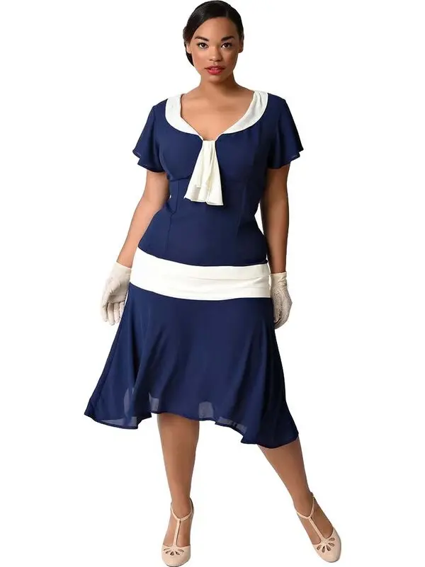 Unique Vintage 1920s Wilshire Flapper Day Dress - Navy & White