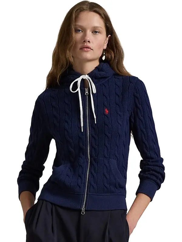 Ralph Lauren Cable-knit Cotton Full-zip Hoodie - Newport Navy