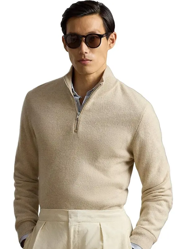 Ralph Lauren Birdseye Cashmere Quarter-zip Sweater - Champagne Melange
