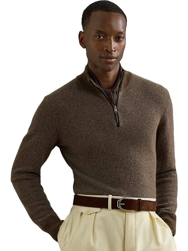 Ralph Lauren Birdseye Cashmere Quarter-zip Sweater - Taupe Multi