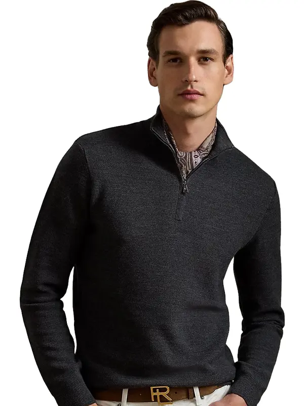 Ralph Lauren Piqué-knit Quarter-zip Sweater - Medium Grey Melange
