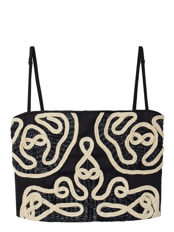 Johanna Ortiz Boat Lines Cropped Appliquéd Straw-trimmed Linen Top - Black