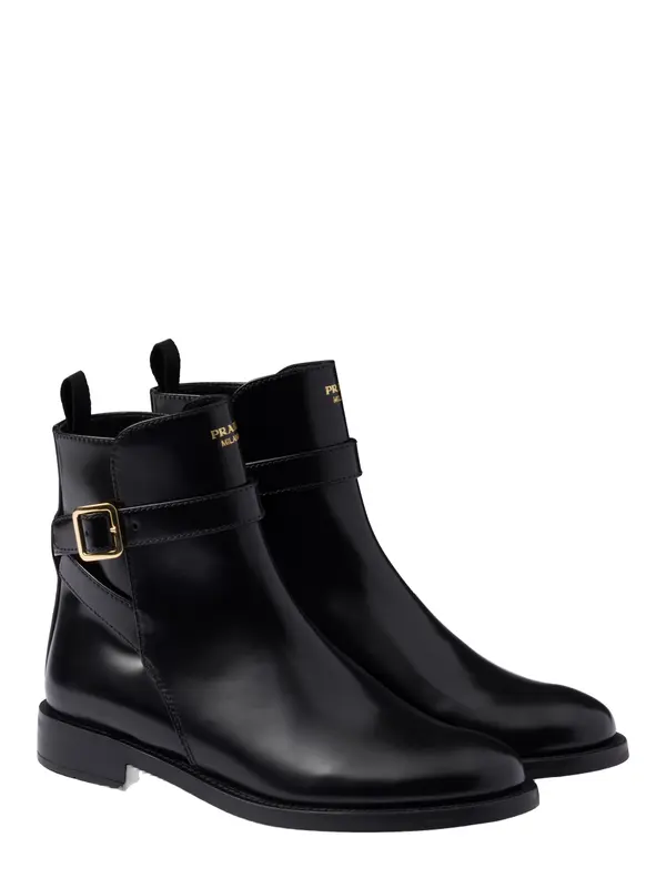 Prada Brushed Leather Ankle Boots With Strap - Black
