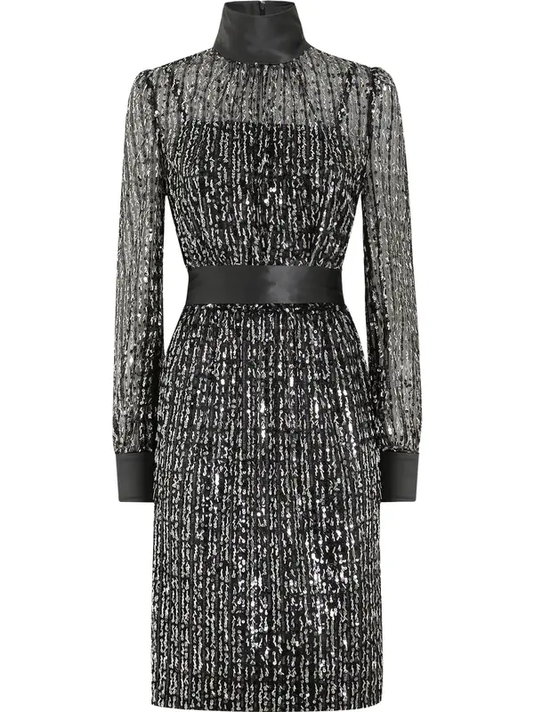 Dolce & Gabbana Sequin Stripe Embroidered Midi Dress - Black