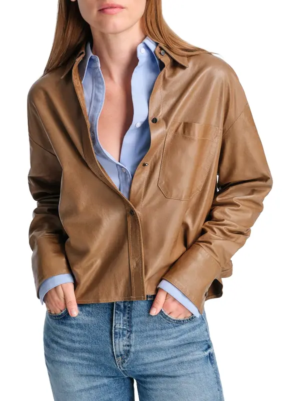 TWP Relaxed Leather Button-up Shirt - Cigar