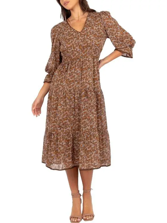 PETAL & PUP Simone Floral Print Midi Dress - Camel
