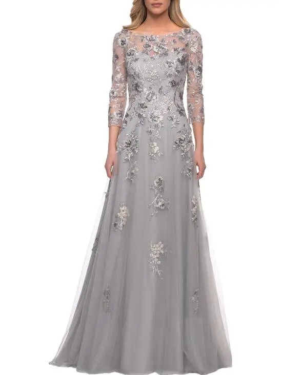 La Femme Tulle And Lace Gown - Silver