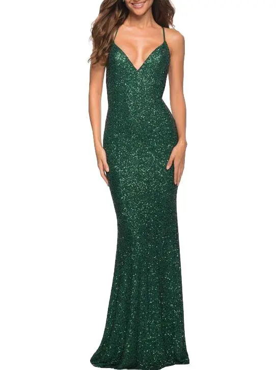 La Femme Sequin Gown With V-neckline - Emerald
