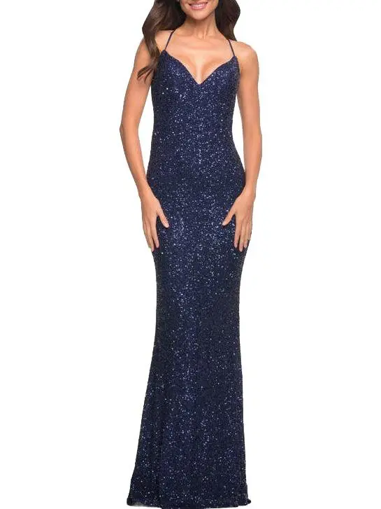 LABOMME Sequin Gown With V-neckline - Navy