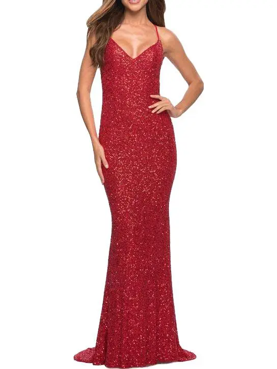 La Femme Sequin Gown With V-neckline - Red