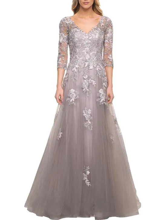 La Femme A-line Tulle Gown With Lace Applique And V-neck - Silver/pink