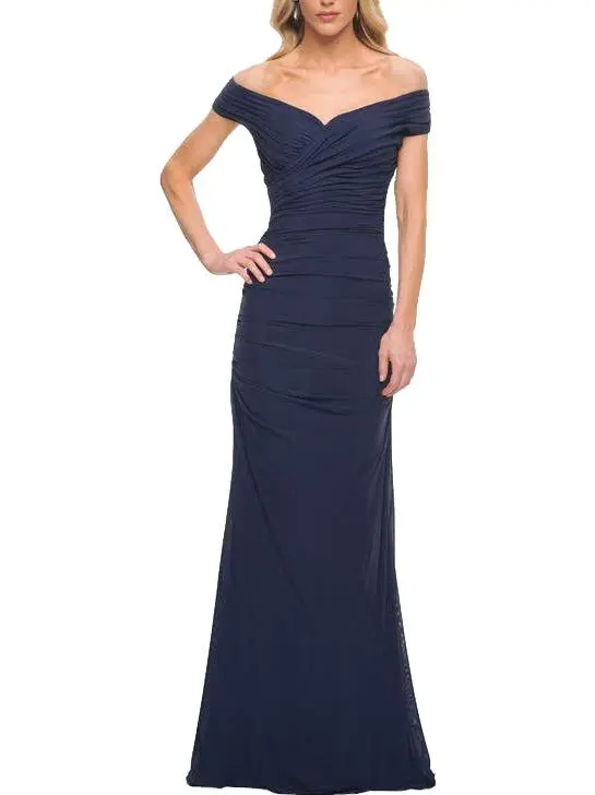 La Femme Ruched Off-the-shoulder Gown - Navy