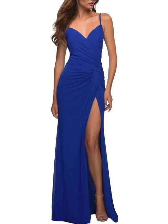 LABOMME Net Jersey Long Ruched Gown - Royal Blue