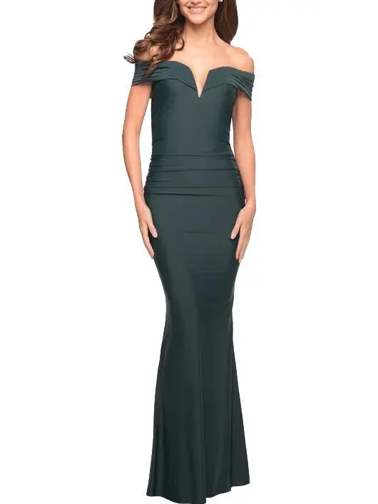 LABOMME Ruched Off-the-shoulder Gown - Dark Emerald