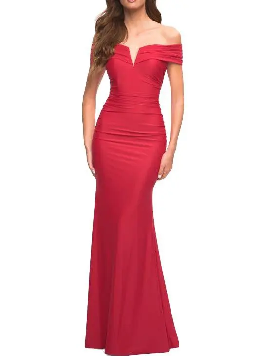La Femme Ruched Off-the-shoulder Gown - Red