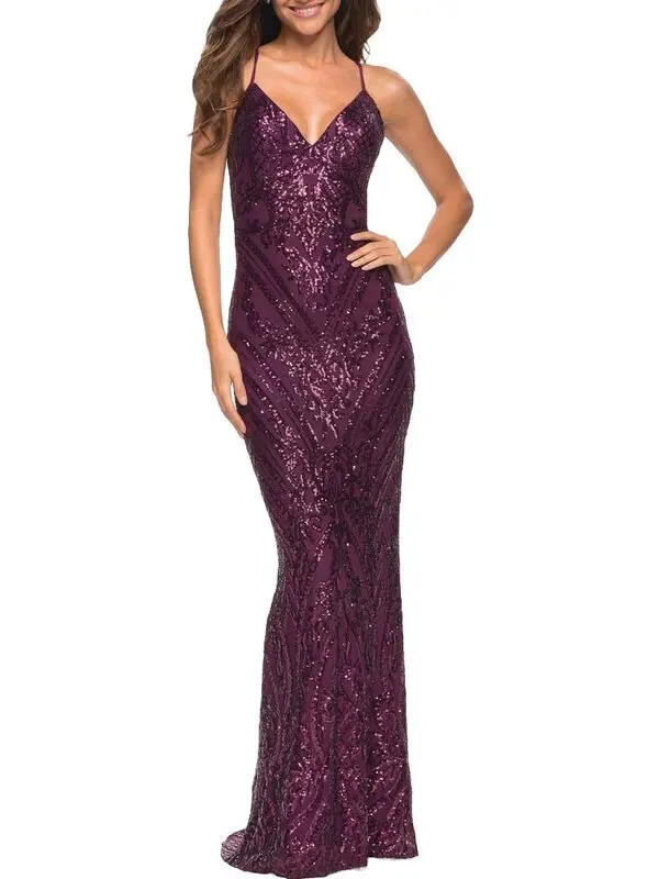 LABOMME Print Sequin Gown With V-neckline - Dark Berry