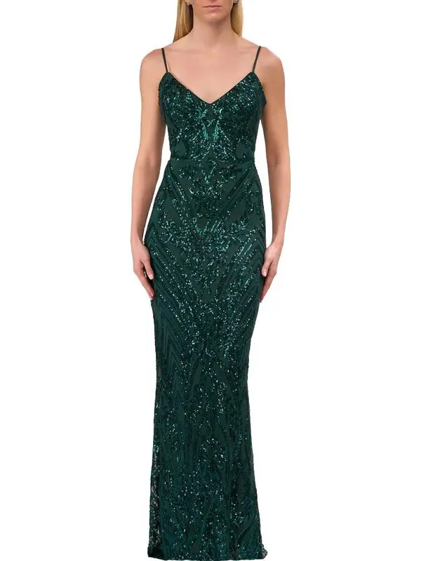 La Femme Print Sequin Gown With V Neckline - Dark Emerald