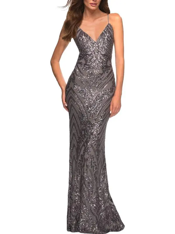 LABOMME Print Sequin Gown With V-neckline - Gunmetal