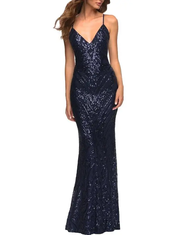 LABOMME Print Sequin Gown With V-neckline - Navy