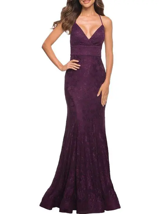 LABOMME Stretch Lace Gown With Strappy Open Back - Dark Berry