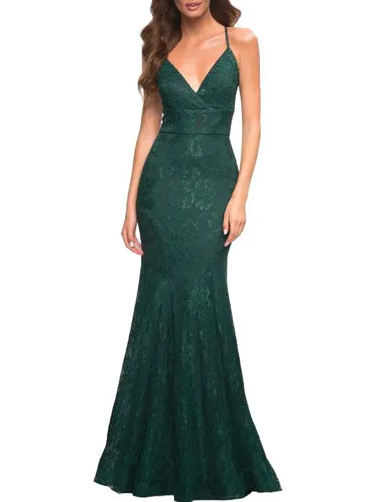 La Femme Stretch Lace Gown With Strappy Open Back - Emerald