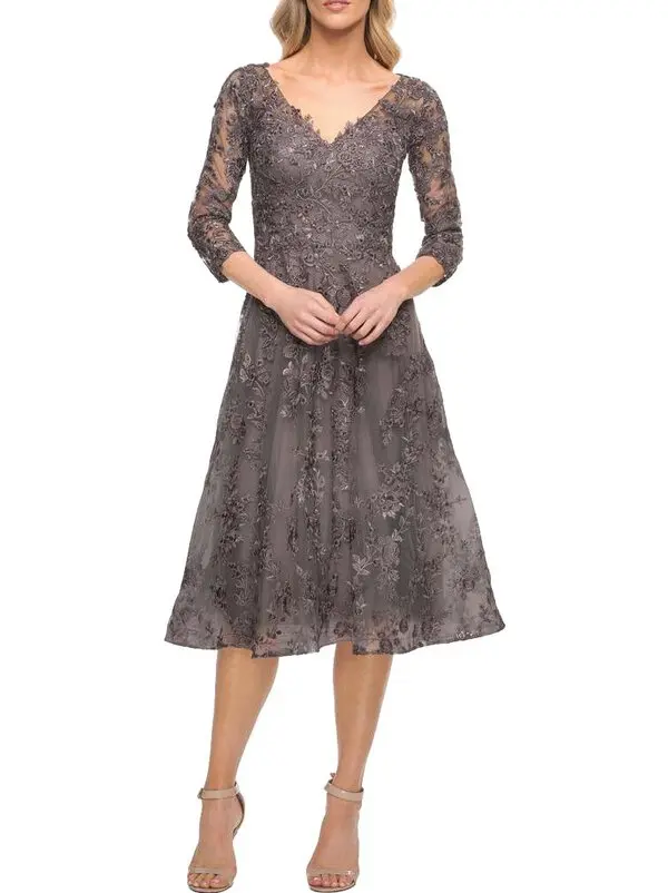 LABOMME Tea Length Lace Evening Dress - Gunmetal