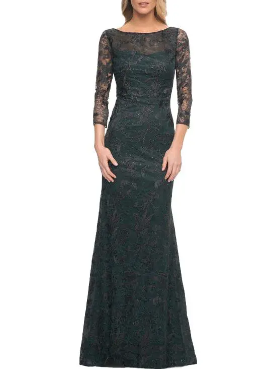 La Femme Long Fitted Lace Gown With High Neckline And Sleeves - Dark Emerald