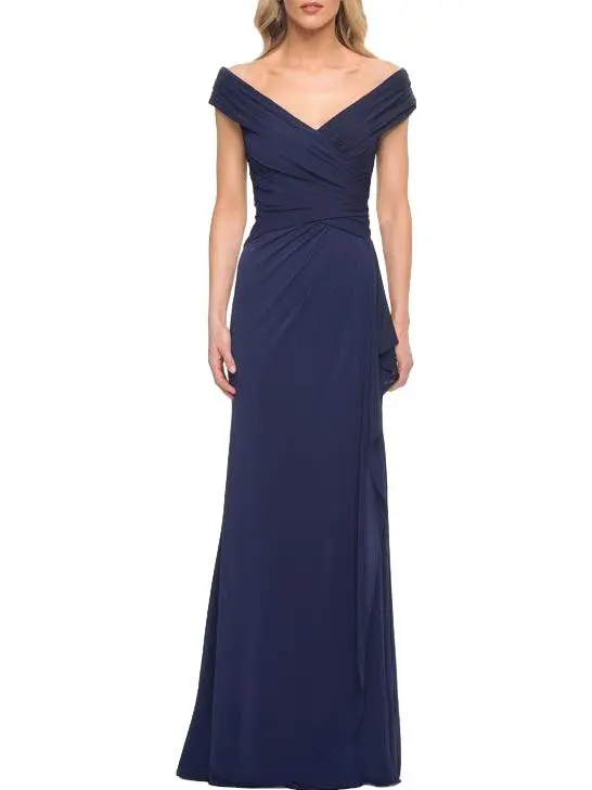 La Femme Long Jersey Off-the-shoulder Gown - Navy