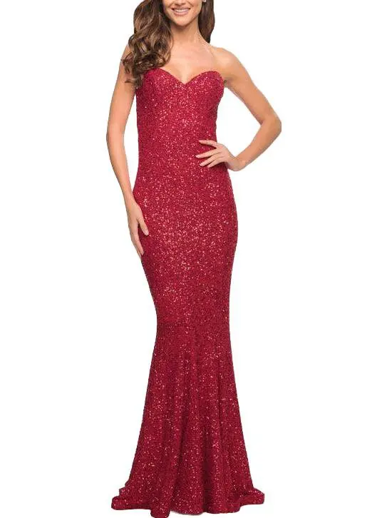 LABOMME Strapless Sweetheart Sequin Gown - Red