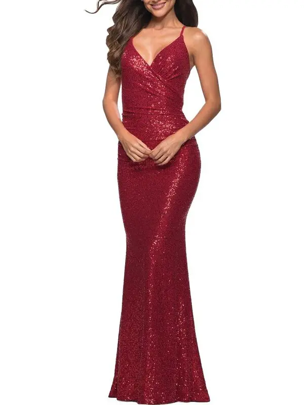 La Femme Wrap-style Sequin Gown - Red