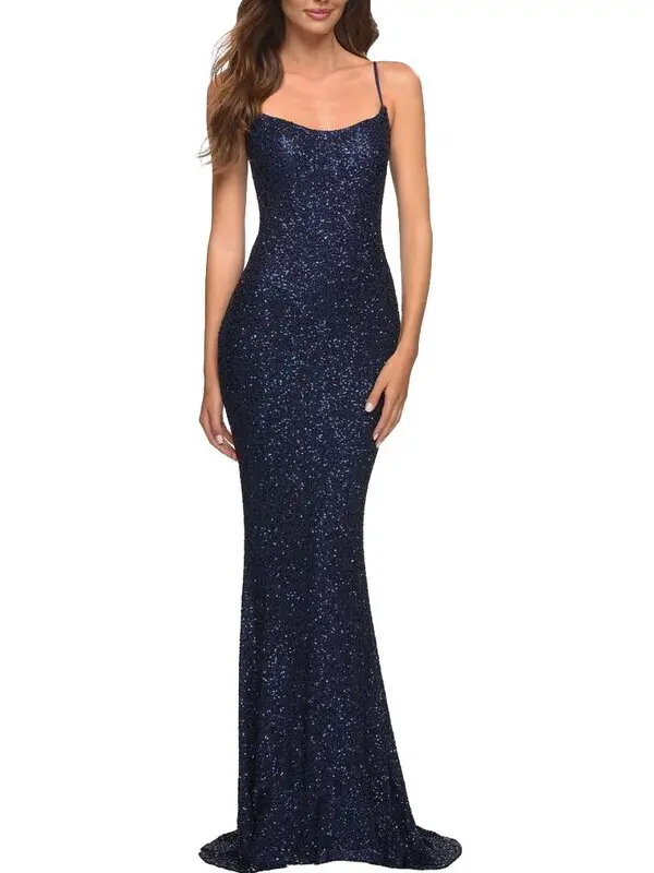 LABOMME Long Sequin Gown With Scoop Neck - Navy