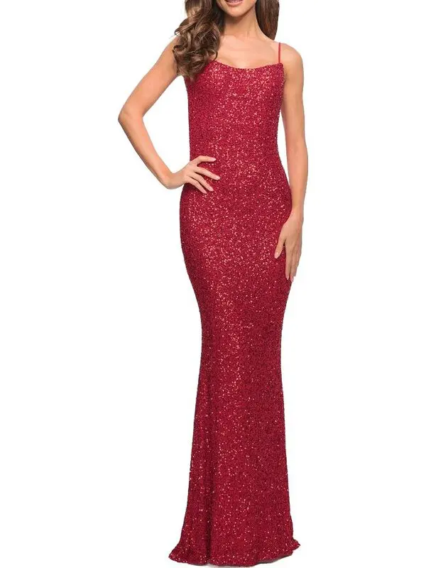 LABOMME Long Sequin Gown With Scoop Neck - Red