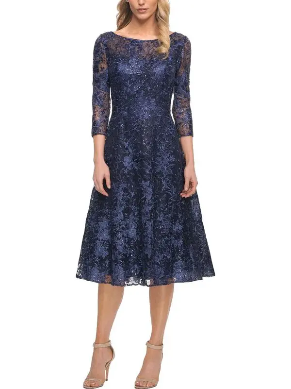 La Femme Lace Tea Length Gown - Navy