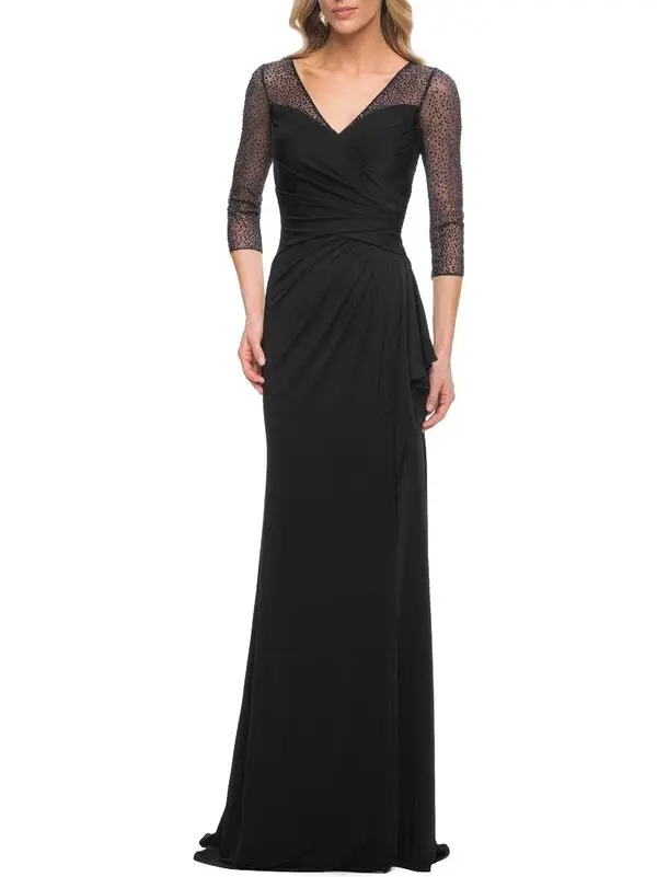 La Femme Jersey Long Gown With Beading And Ruffle Skirt - Black