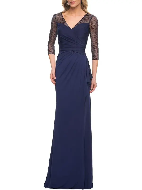 La Femme Jersey Long Gown With Beading And Ruffle Skirt - Navy
