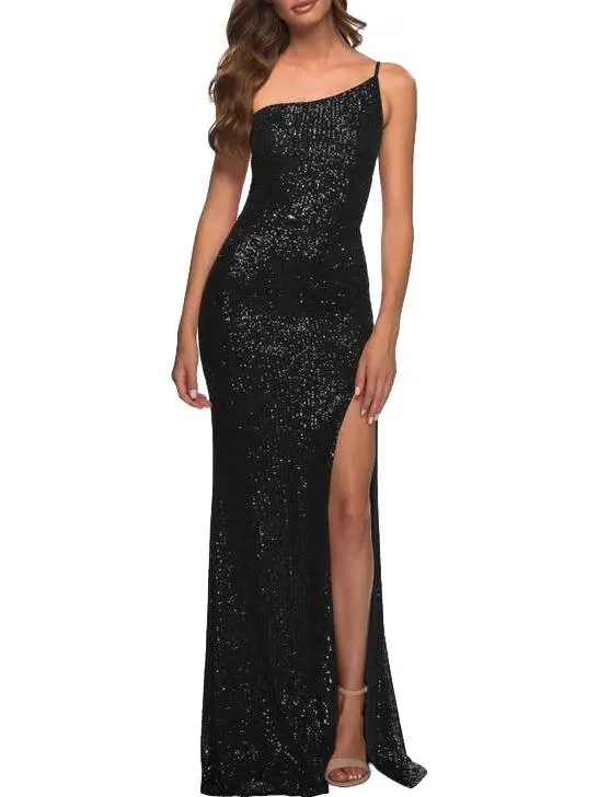 La Femme One-shoulder Sequin Gown - Black
