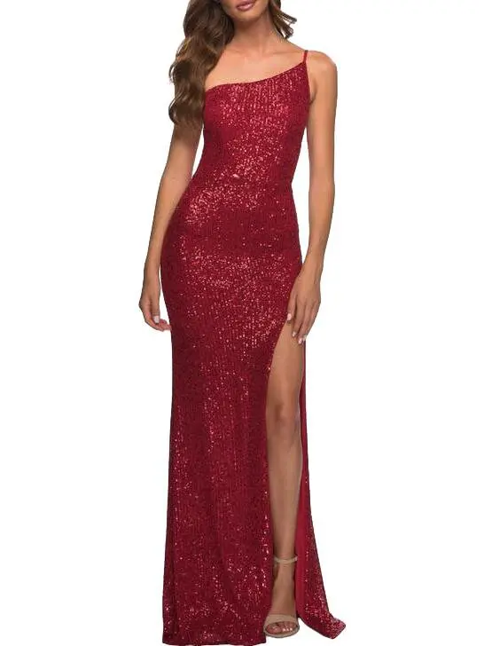 La Femme One-shoulder Sequin Gown - Red