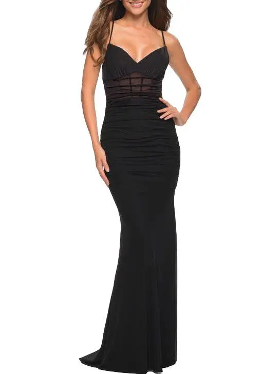 La Femme Long Jersey Gown With Sheer Corset Bodice - Black