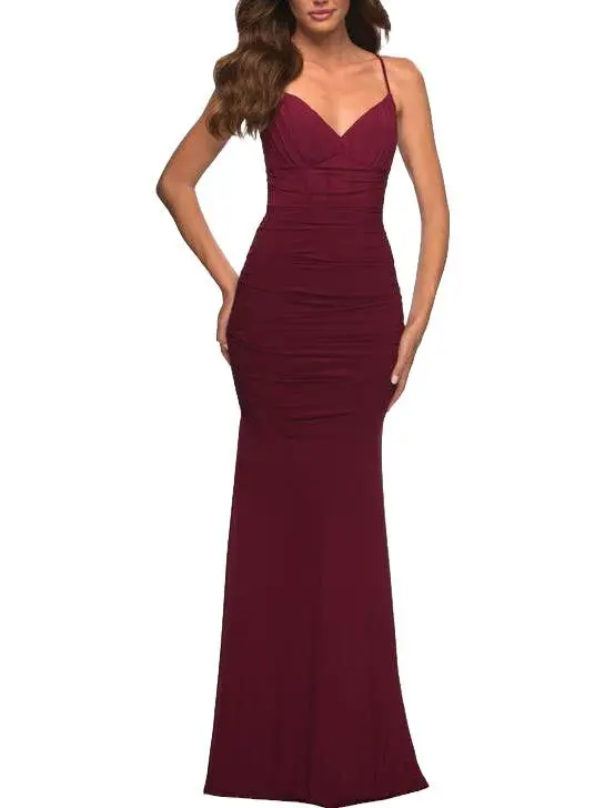 LABOMME Long Jersey Gown With Sheer Corset Bodice - Dark Berry
