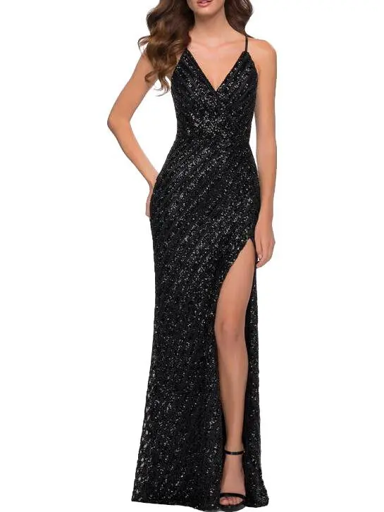 La Femme Sequin Gown With Criss-cross Straps - Black