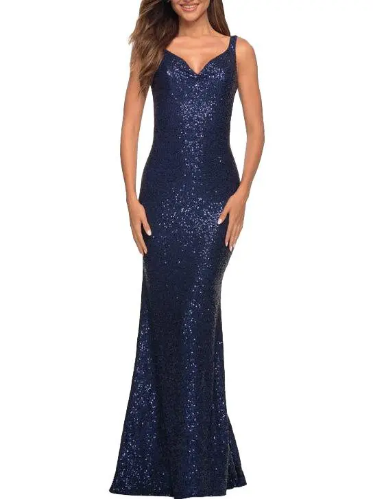 La Femme Long Sequin Gown With Low Back - Navy