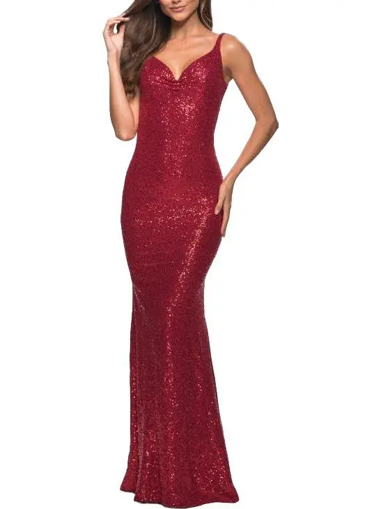 La Femme Long Sequin Gown With Low Back - Red