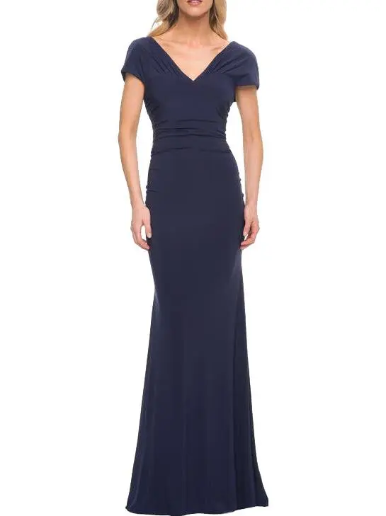 La Femme Jersey Long Evening Dress - Navy