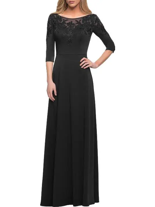 La Femme Jersey Gown With Lace Neckline - Black