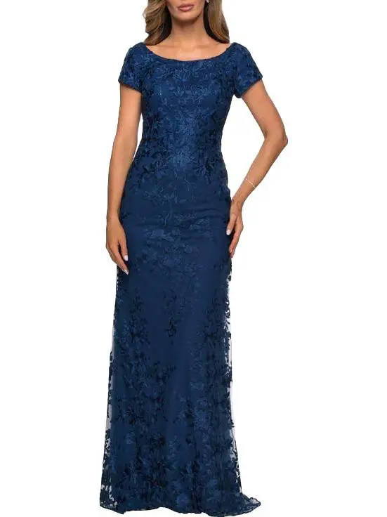 La Femme Floral Lace Evening Gown - Navy