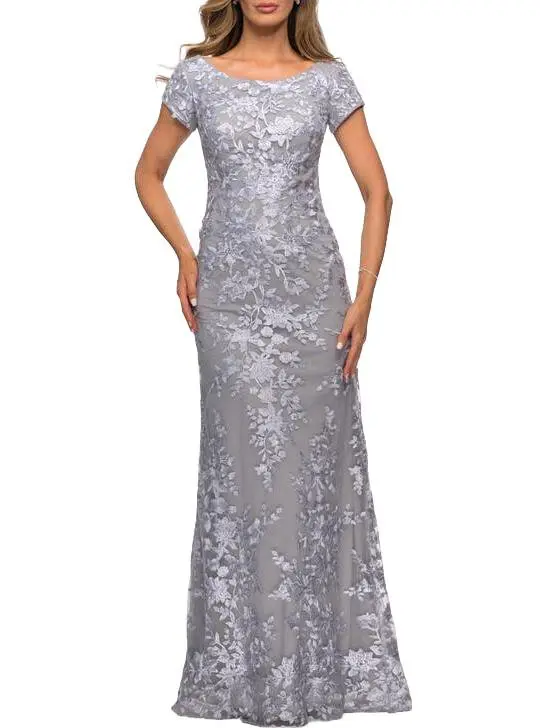La Femme Floral Lace Evening Gown - Silver