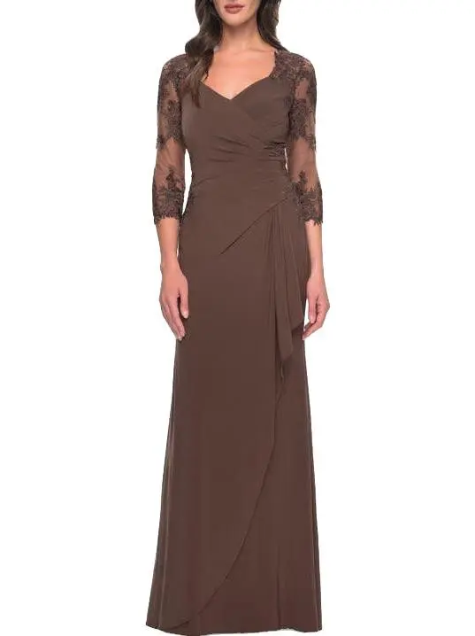 La Femme Lace And Net Jersey Gown With Illusion Sleeves - Cocoa