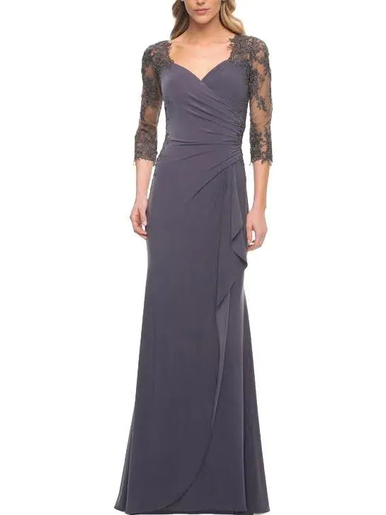 LABOMME Lace And Net Jersey Gown With Illusion Sleeves - Gunmetal